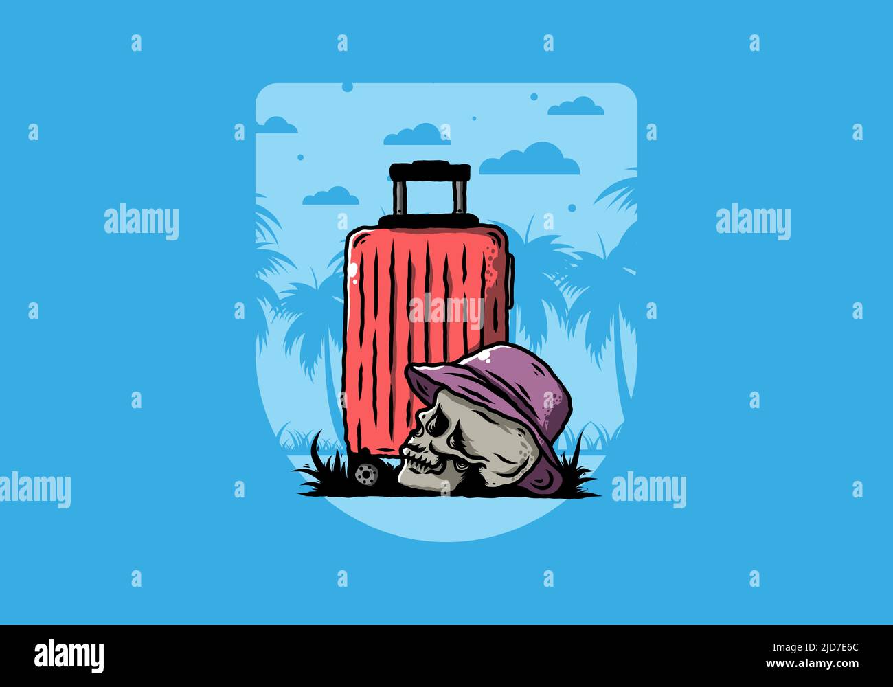 Illustration design of a skull head wearing a hat under a traveling ...