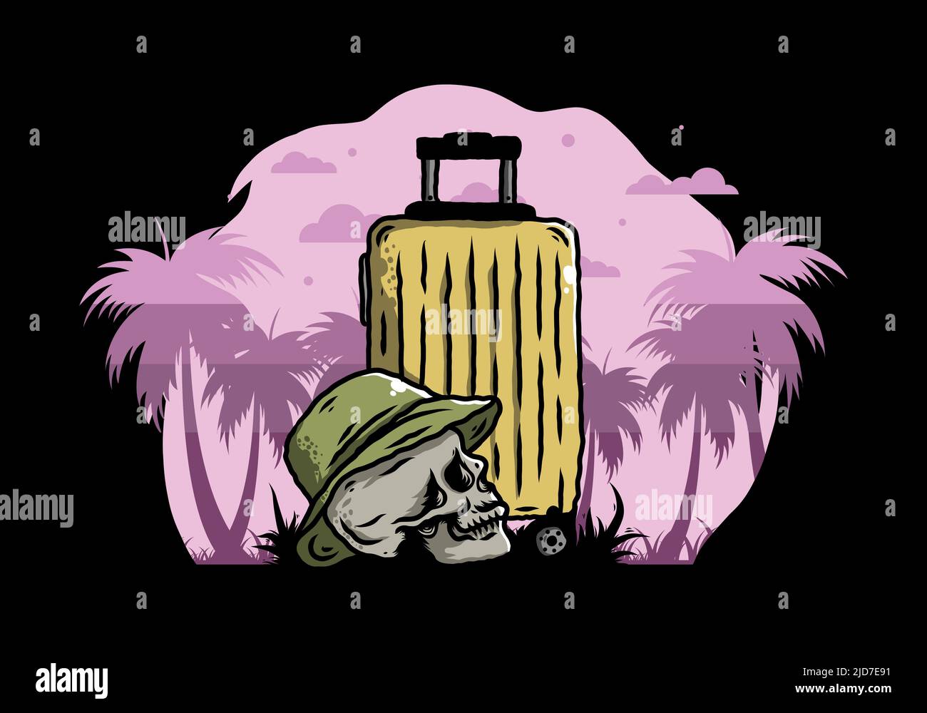 Illustration design of a skull head wearing a hat under a traveling ...
