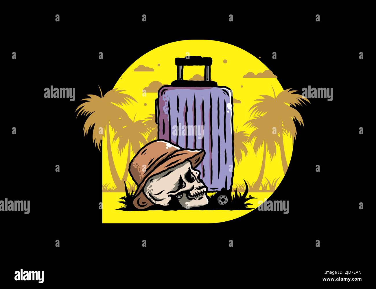 Illustration design of a skull head wearing a hat under a traveling ...