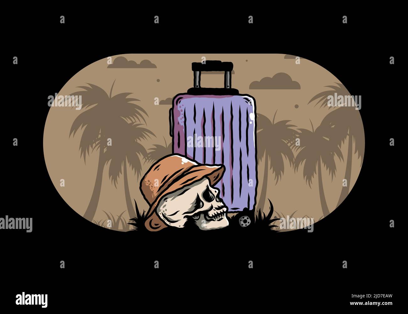 Illustration design of a skull head wearing a hat under a traveling ...
