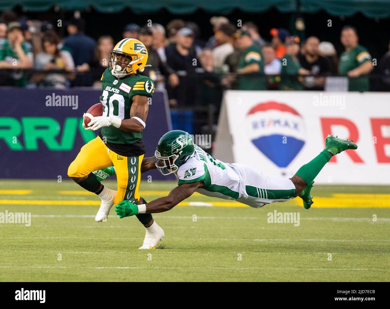 Saskatchewan Roughriders' Rolan Milligan (0) misses the tackle on ...