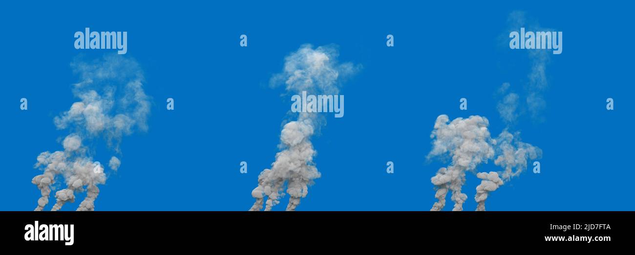 3 grey carbon smoke columns from urban fire on blue, isolated ...