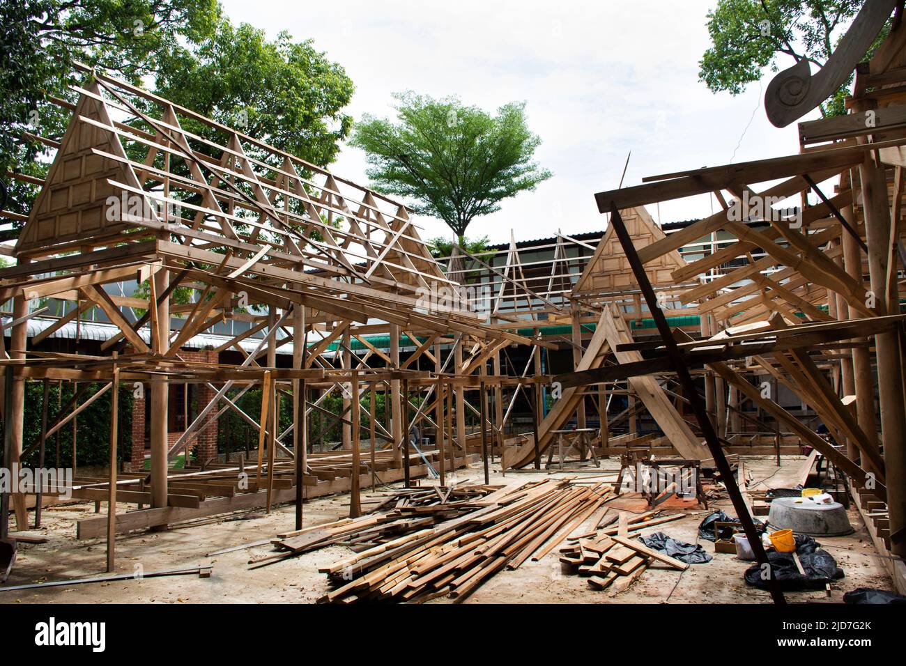 Thai professional carpenter people working and use teak build structure ...