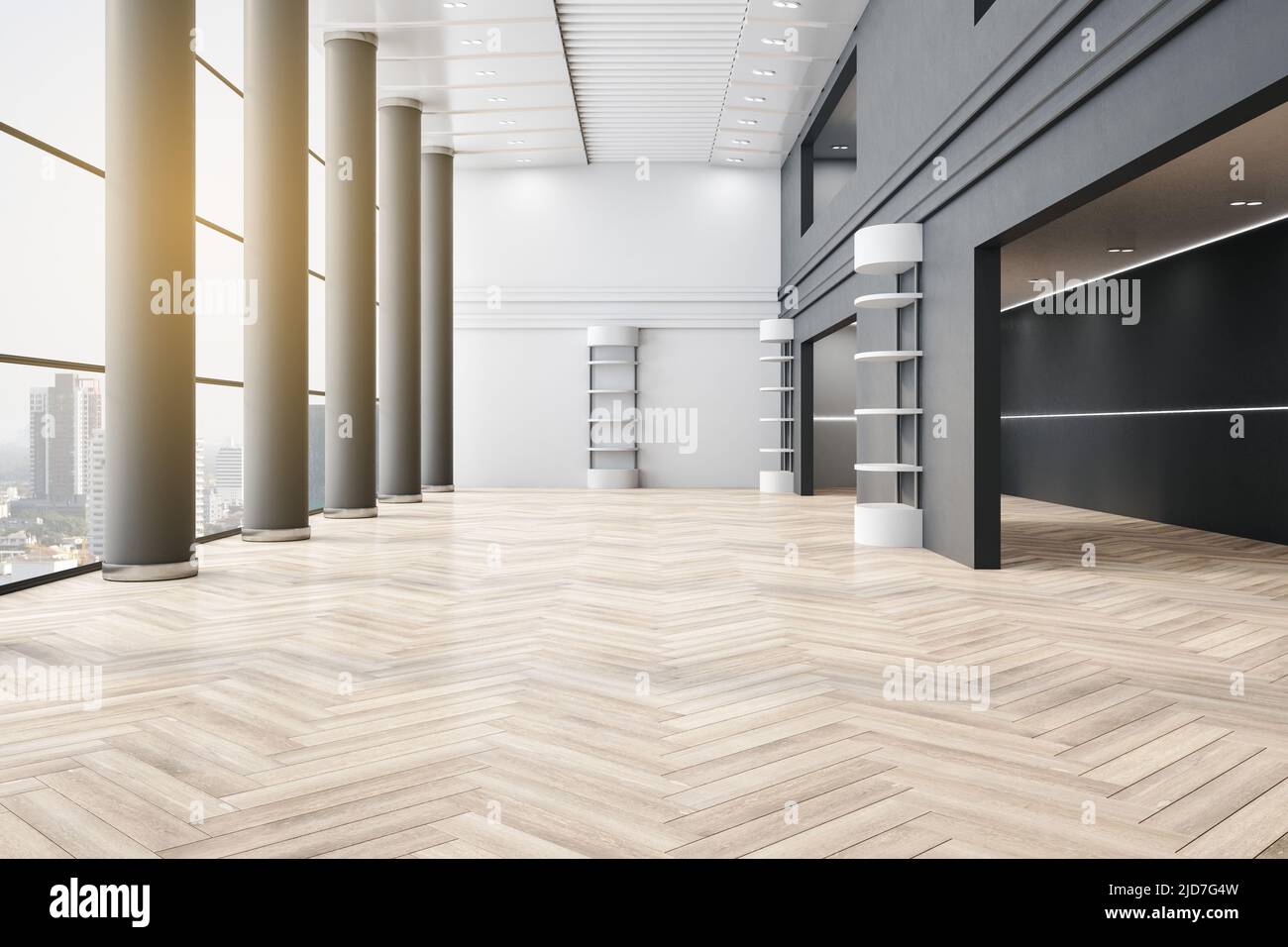 Sunny spacious empty office hall in modern business center with high ...