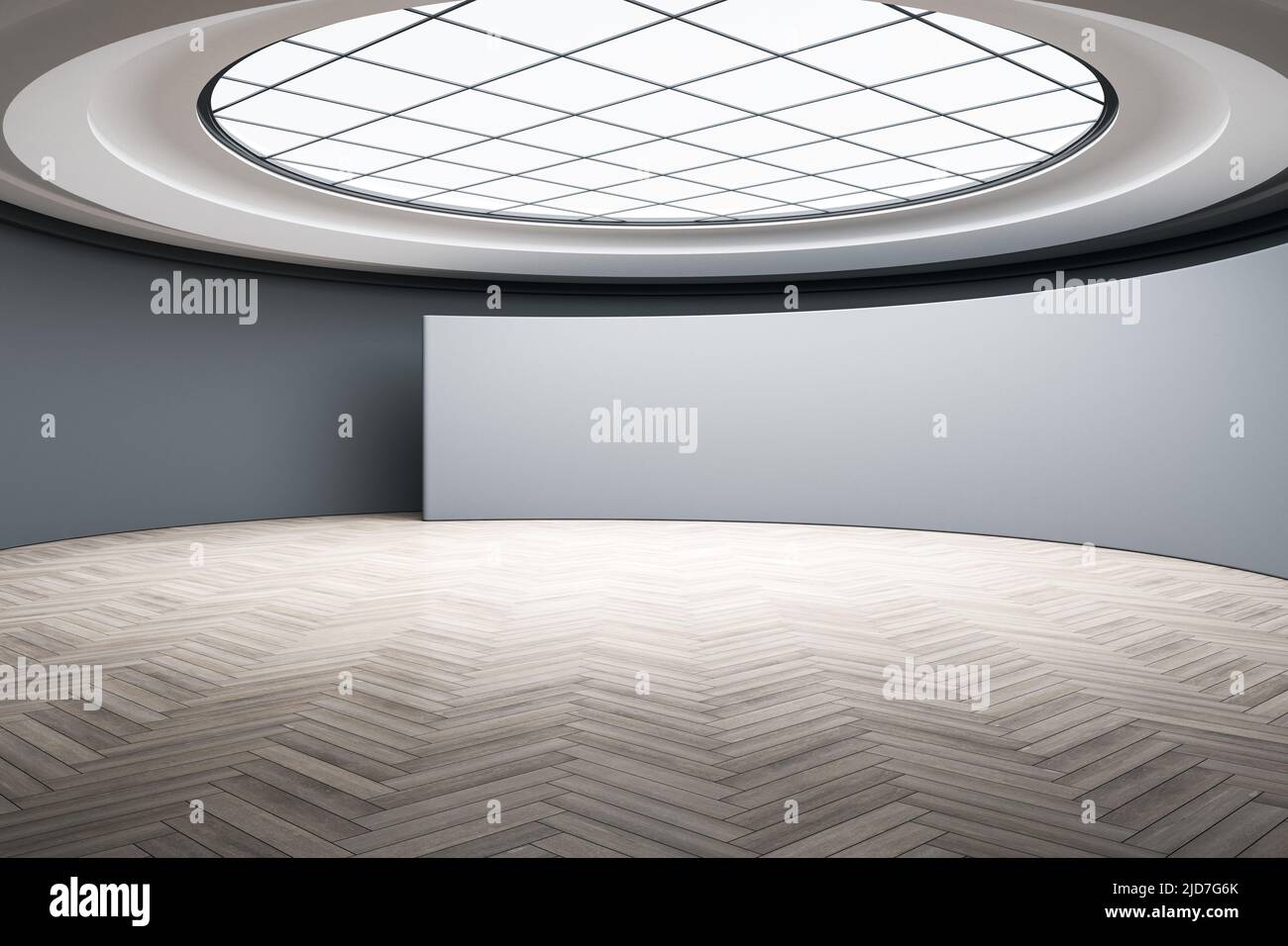 Empty spacious futuristic design round presentation hall with squared ...