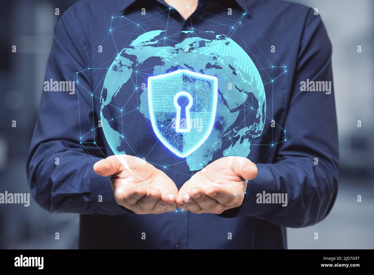 Global internet security concept with digital shield and keyhole inside ...