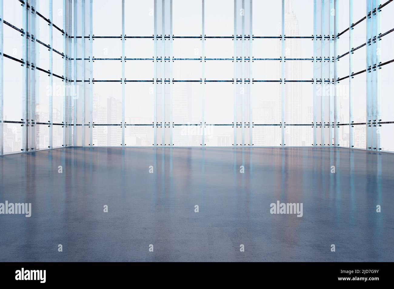 Abstract sunny spacious hall for presentation on high floor in business ...