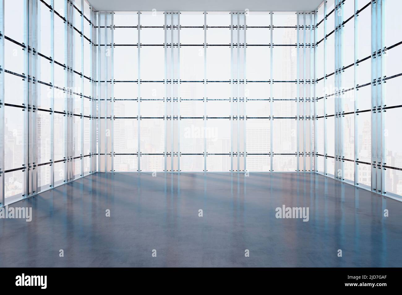 Front view on empty spacious hall in business center with city view ...