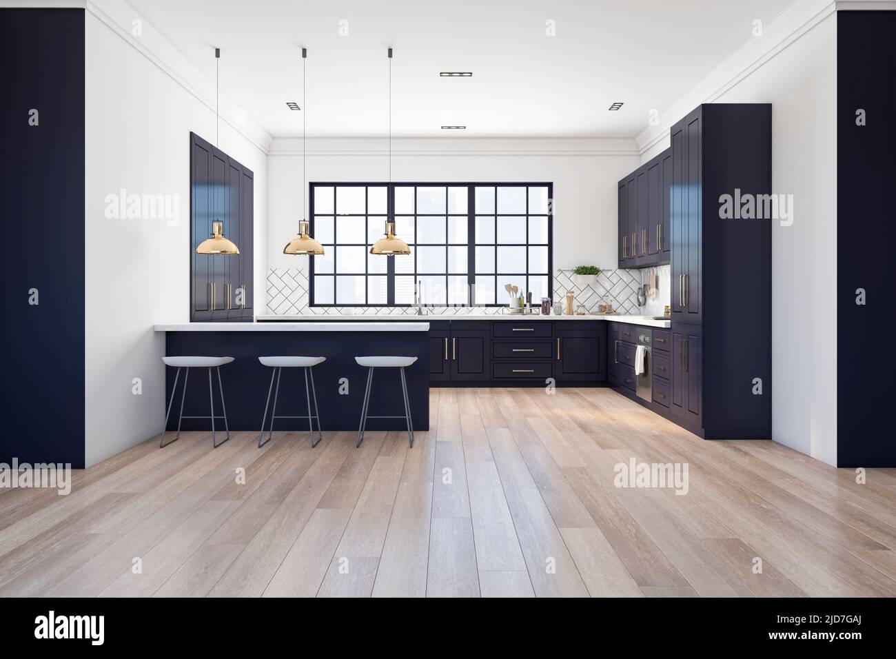 Front view on modern spacious sunny kitchen room with dark navy stylish ...