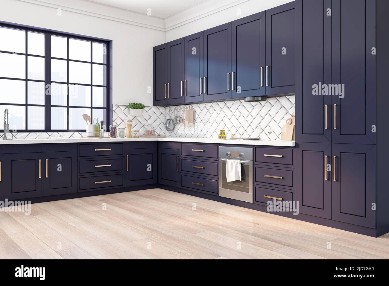 Side view on dark blue stylish kitchen set in spacious kitchen room ...