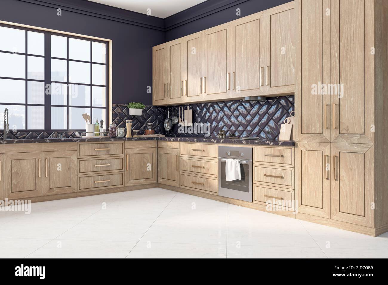 Side view on eco style wooden kitchen set in spacious room with light ...