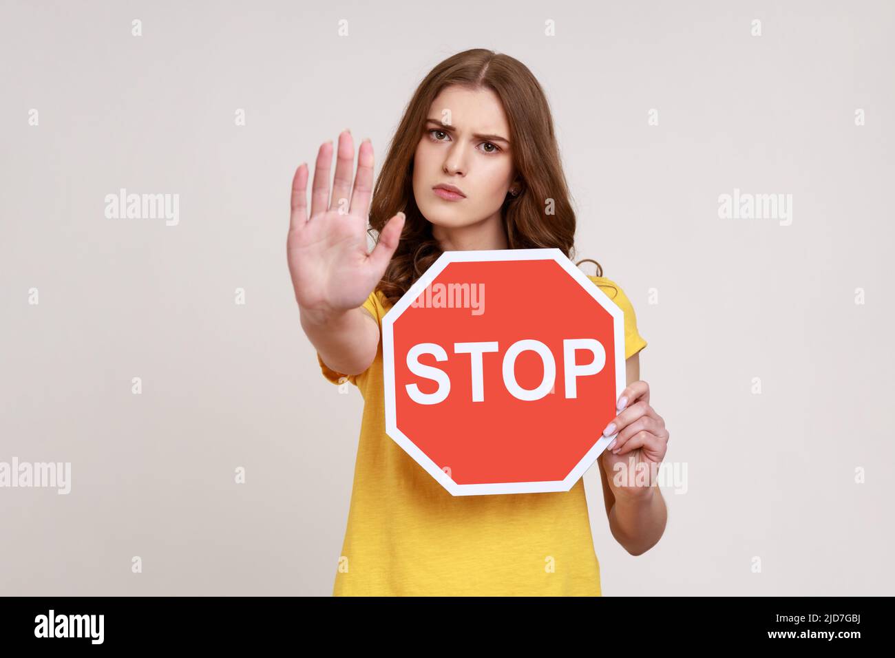 No, prohibited. Portrait of strict bossy teenager girl looking ...