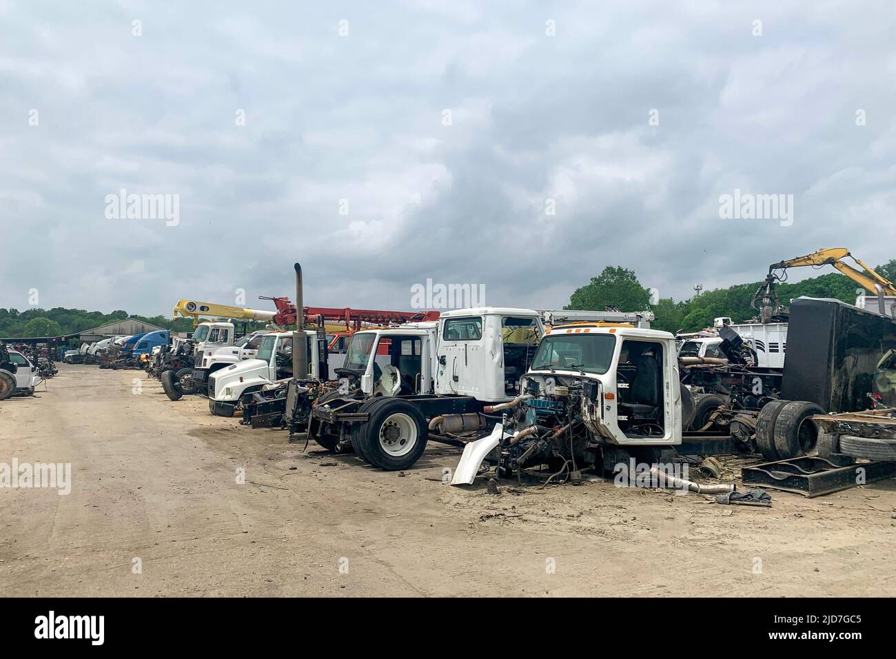 A lot of big abandoned broken trucks in a junkyard, wrecked trucks with ...