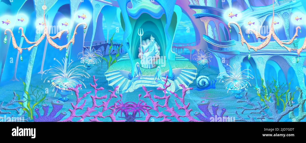 Fairy tale castle interior at the bottom of the magical sea. Digital ...