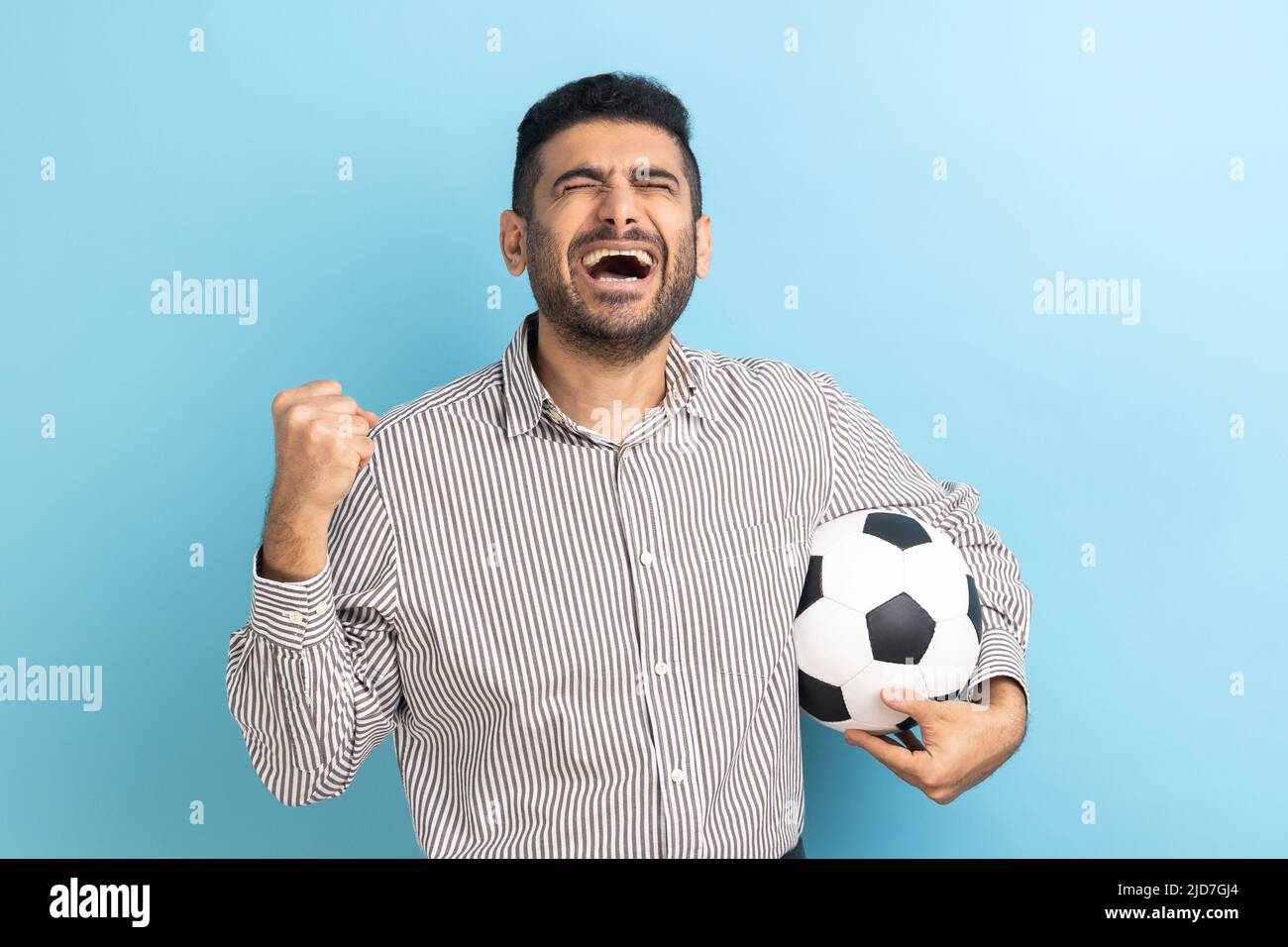 Excited businessman screaming widely opening mouth, celebrating victory ...