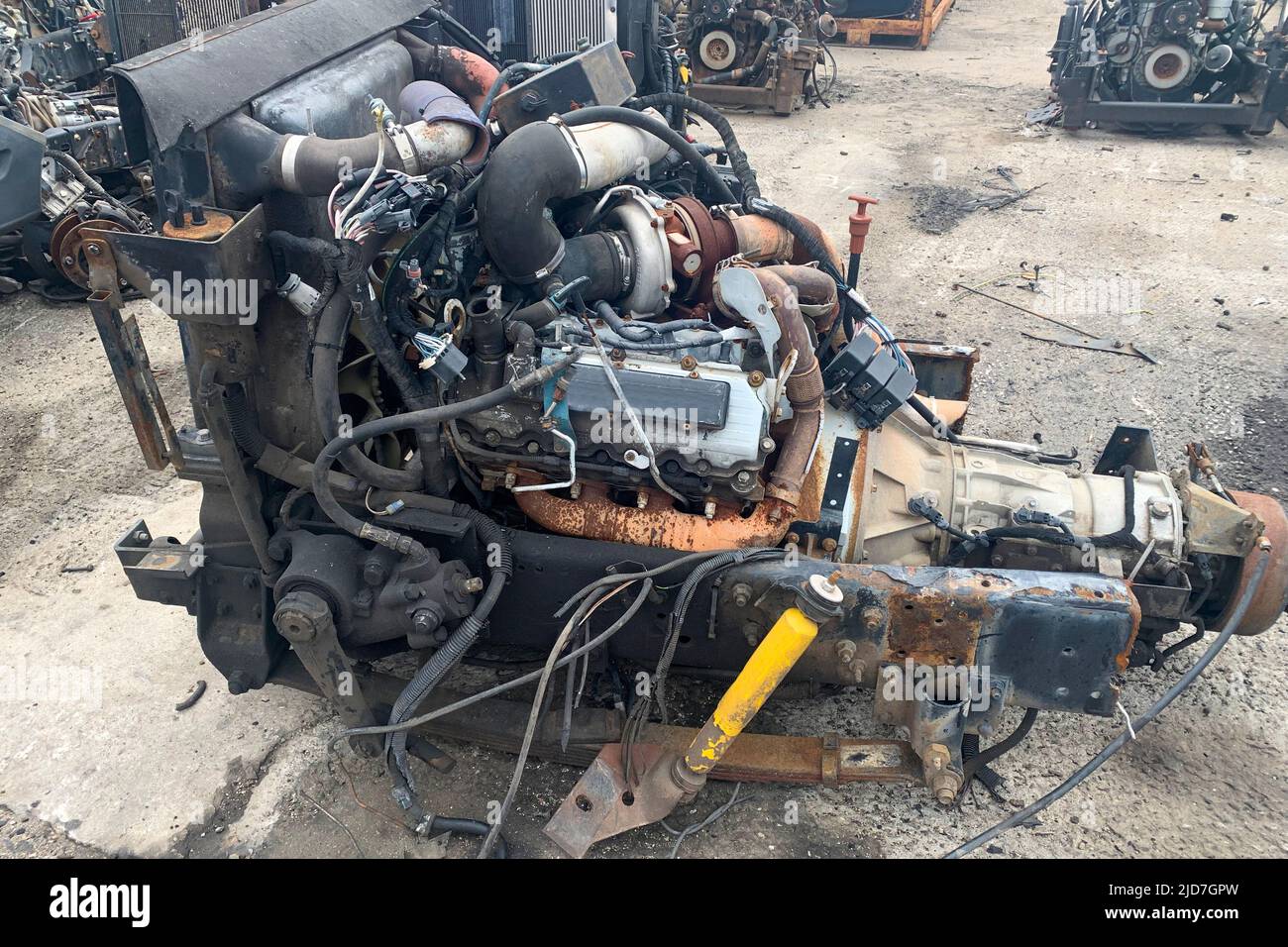Closeup of truck engine for recycling, motor of crashed automobile in ...