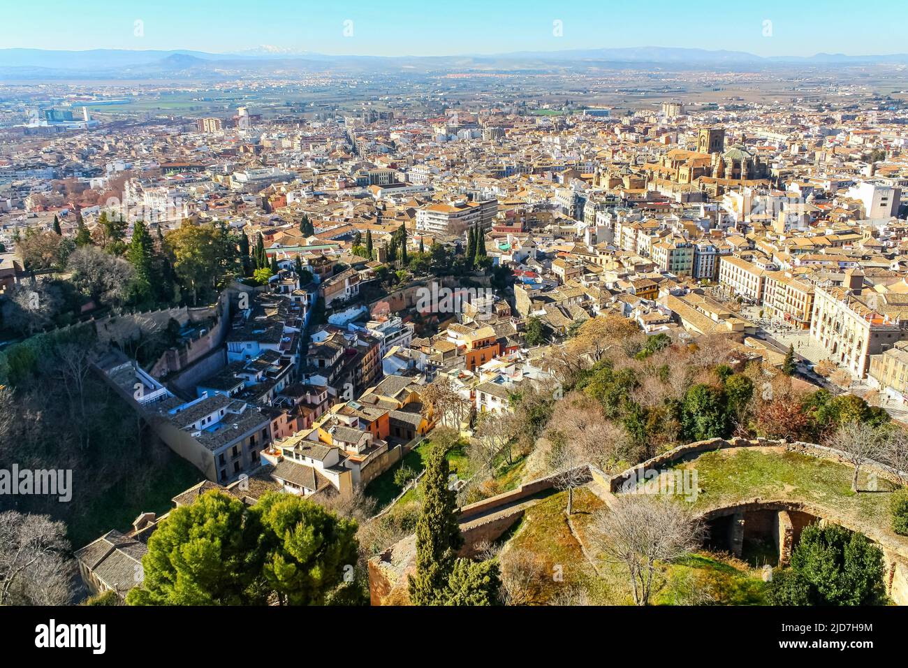 Aerial view of the city of Granada with its cathedral and historic ...