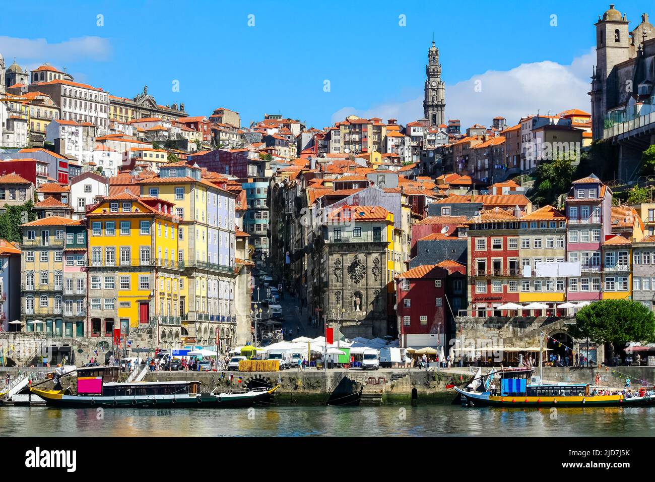 Cityscape of the city of Porto, Douro river with its old boat and its ...