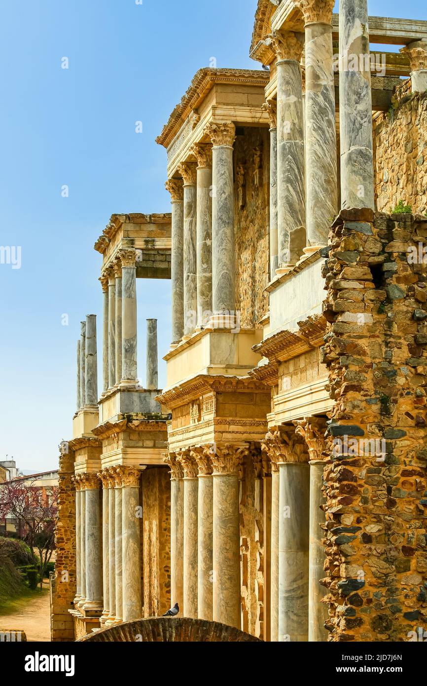 Roman theater with its columns aligned in the monumental city of Merida ...