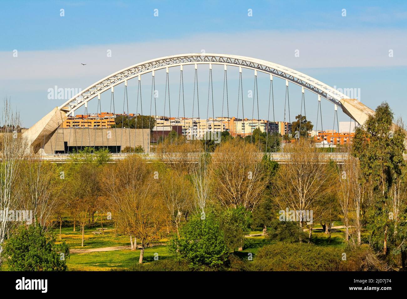 Modern arch-shaped bridge over the Guadiana river, Mérida, Spain Stock ...
