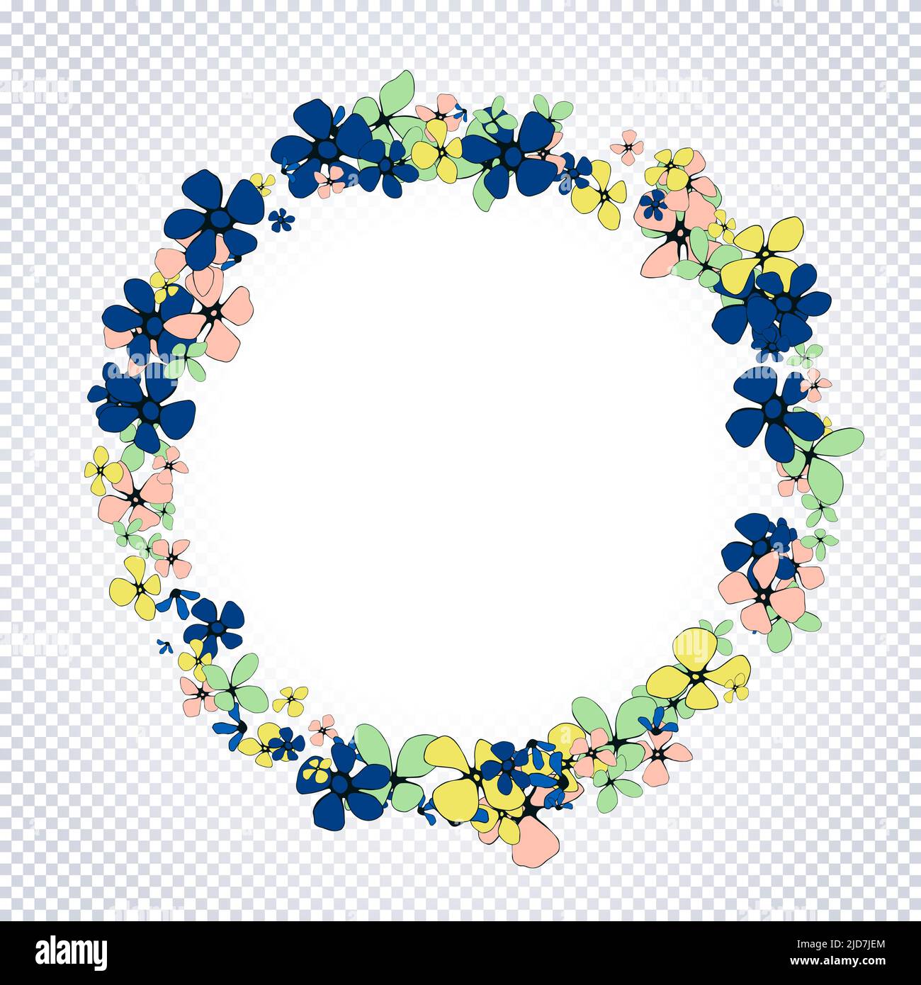 Lovely bright flowers. Summer round frame with hand drawing blue pink ...