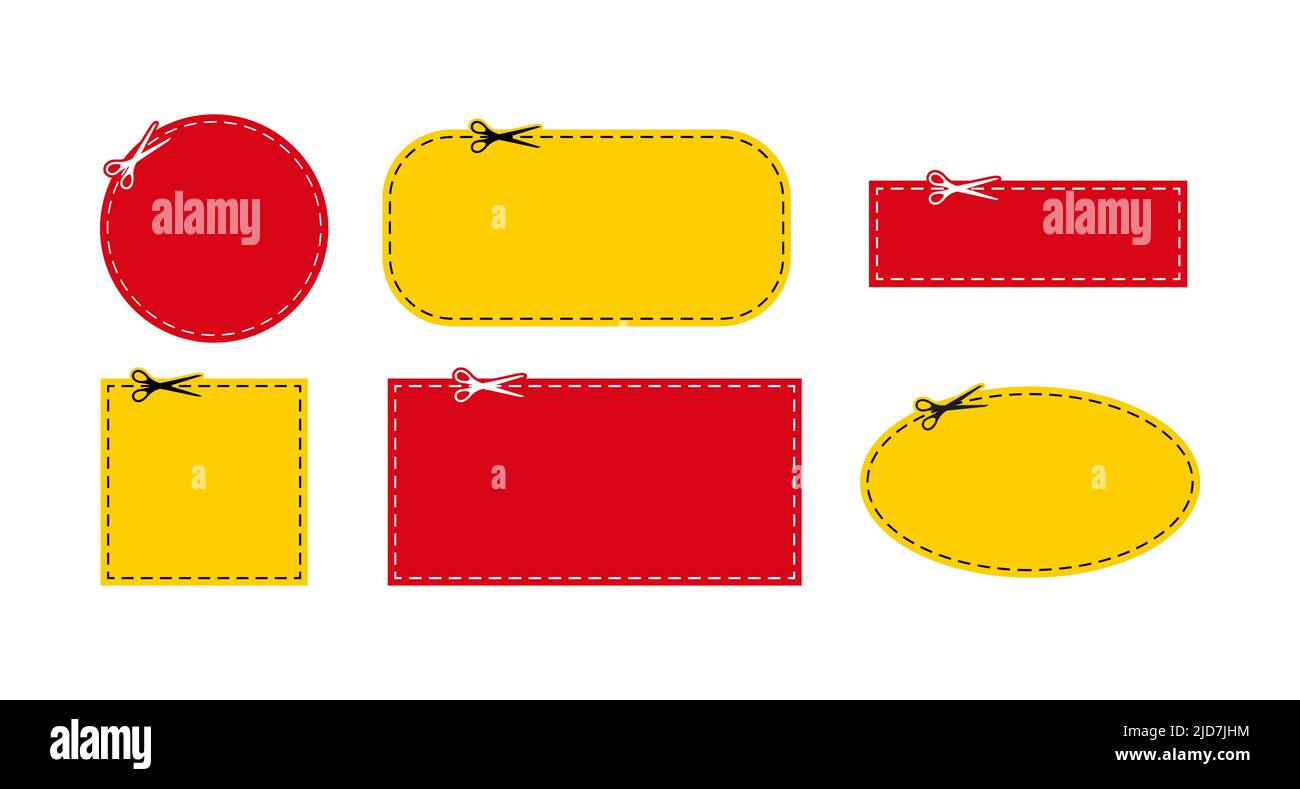 Scissors cut red and yellow coupon dotted line with dash icon Stock ...