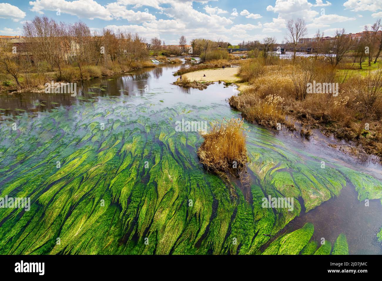 Tormes River as it passes through the monumental city of Salamanca with ...