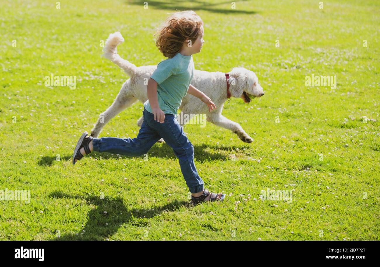 Child runnin with a dog in park. Kid with a puppy dog outdoor playing ...