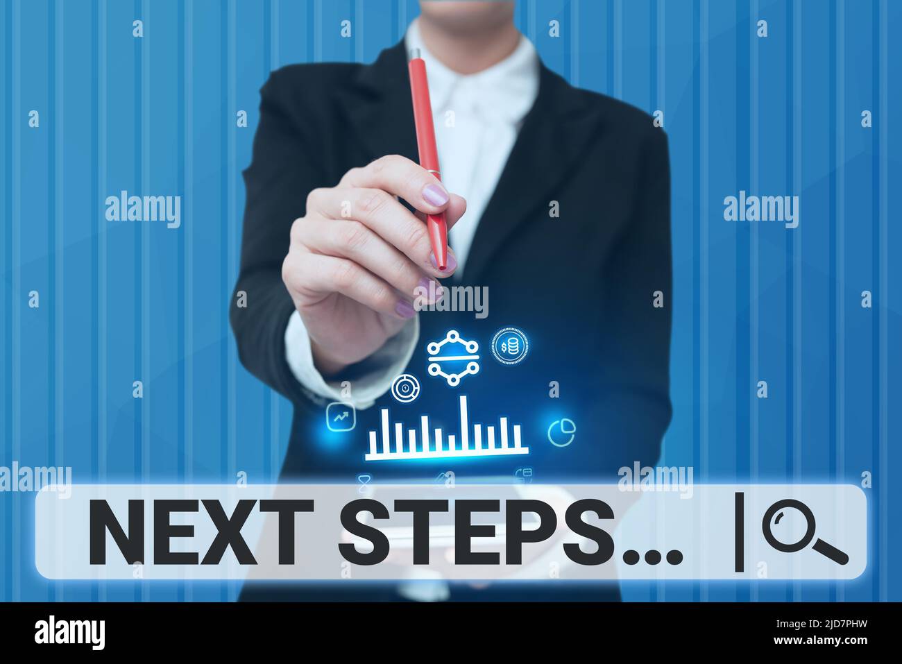 Text caption presenting Next Steps . Word for numper of process going ...