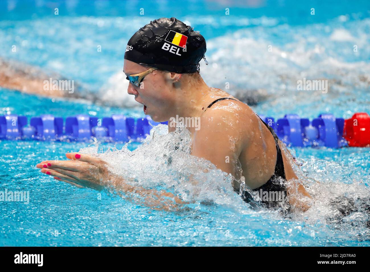 Belgian Florine Gaspard pictured in action during the women's 100m breaststroke at the swimming ...