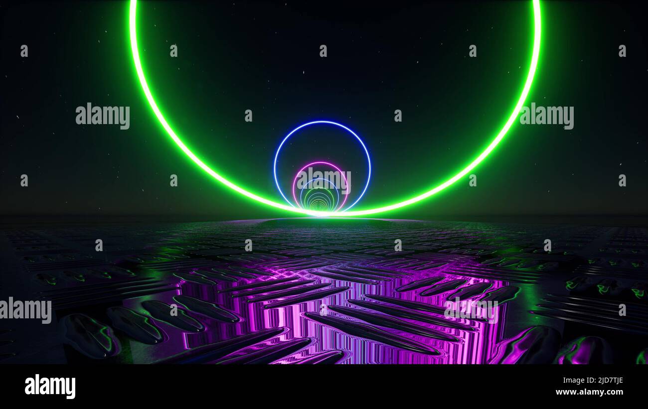Neon circle tunnel Digital abstract background round lights 3d render ...
