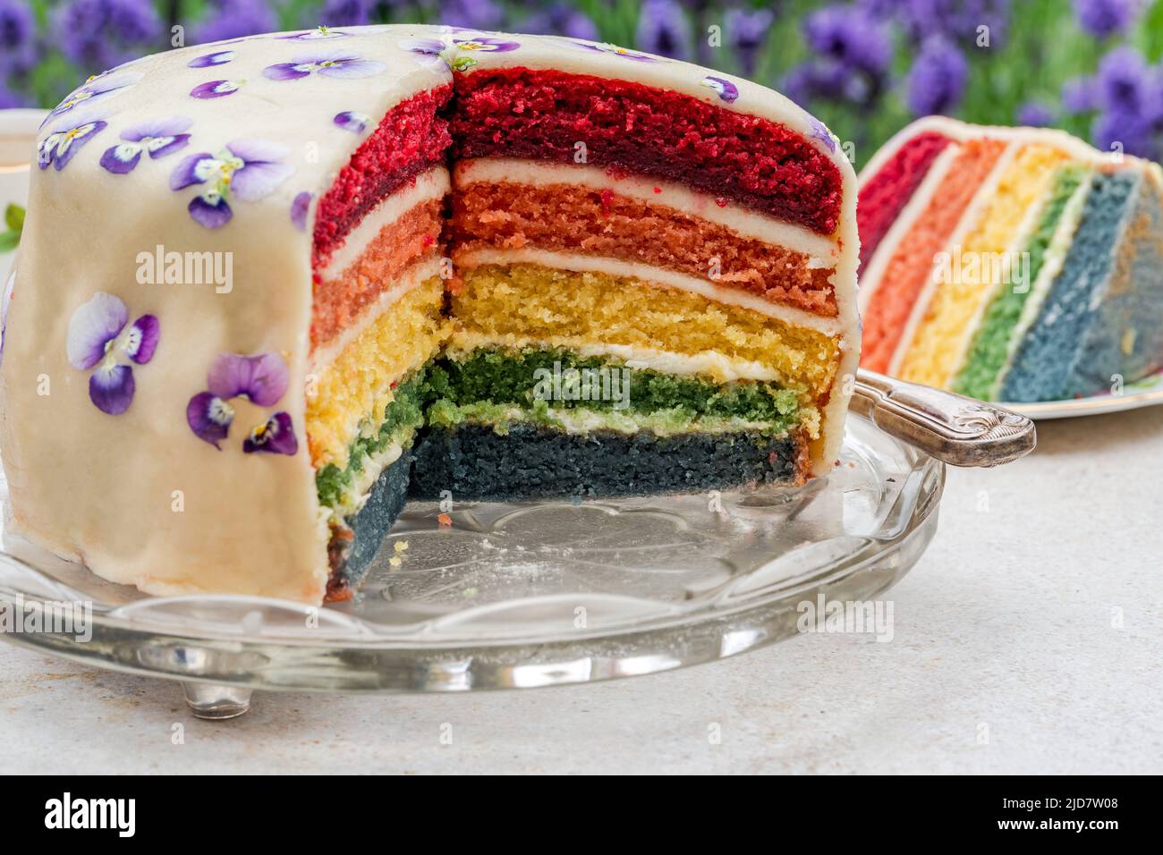 Multi layered rainbow cake set on garden table - outdoor dining Stock ...