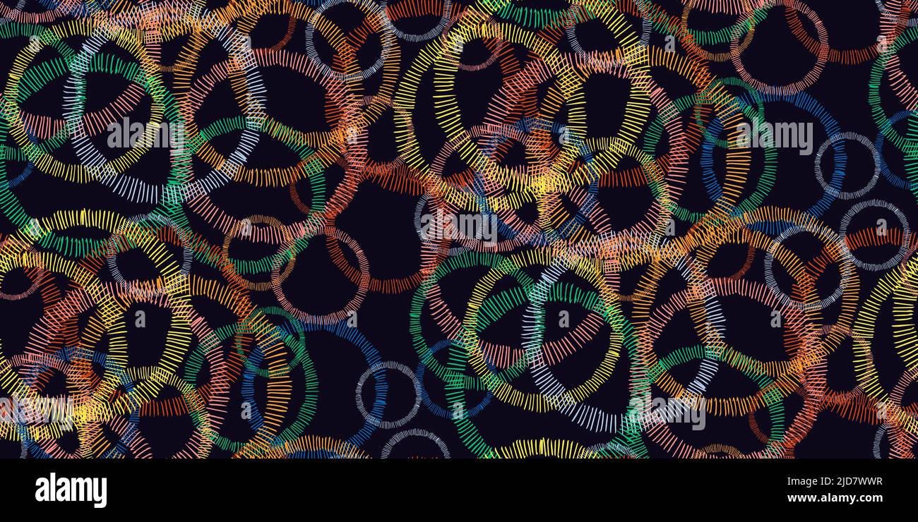 Colorful abstract grunge hand drawn circle stamps print on black ...