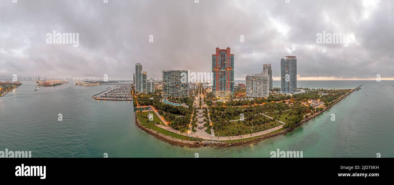Drone panorama over Miami Beach skyline at dusk Stock Photo - Alamy