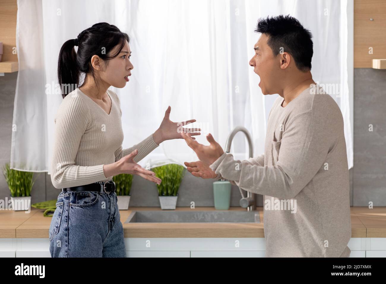 Asian couple arguing at kitchen, wife yelling at husband Stock Photo ...