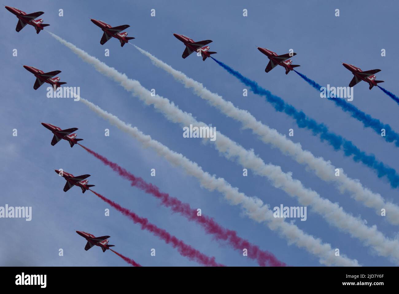 Queen's Jubilee Red Arrows fly past Stock Photo - Alamy