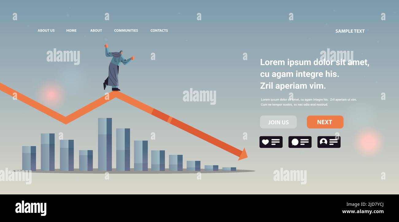 arab businesswoman standing on downward red arrow recession financial ...