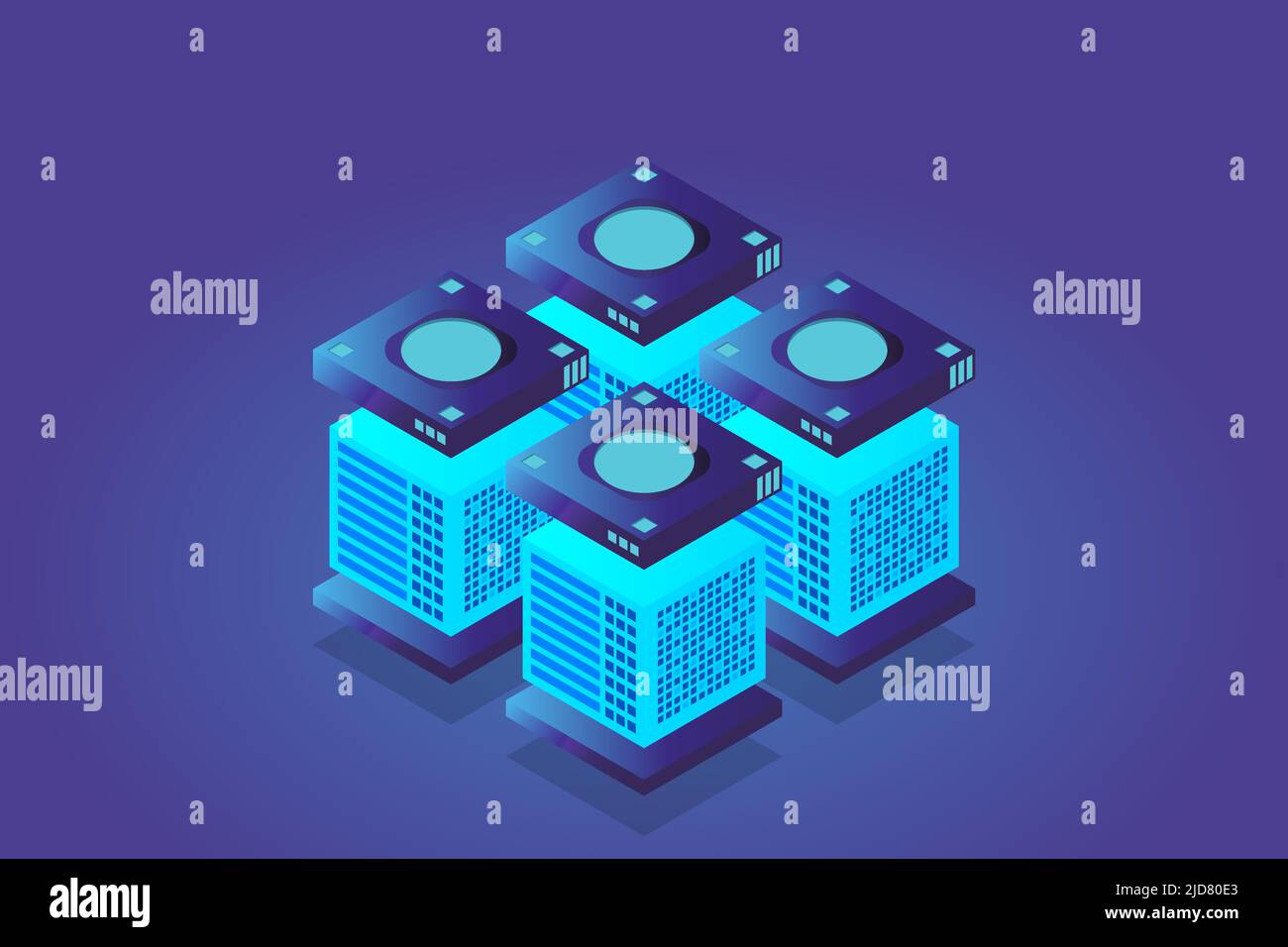 Concept of big data processing energy station of future server room rack data center isometric ...