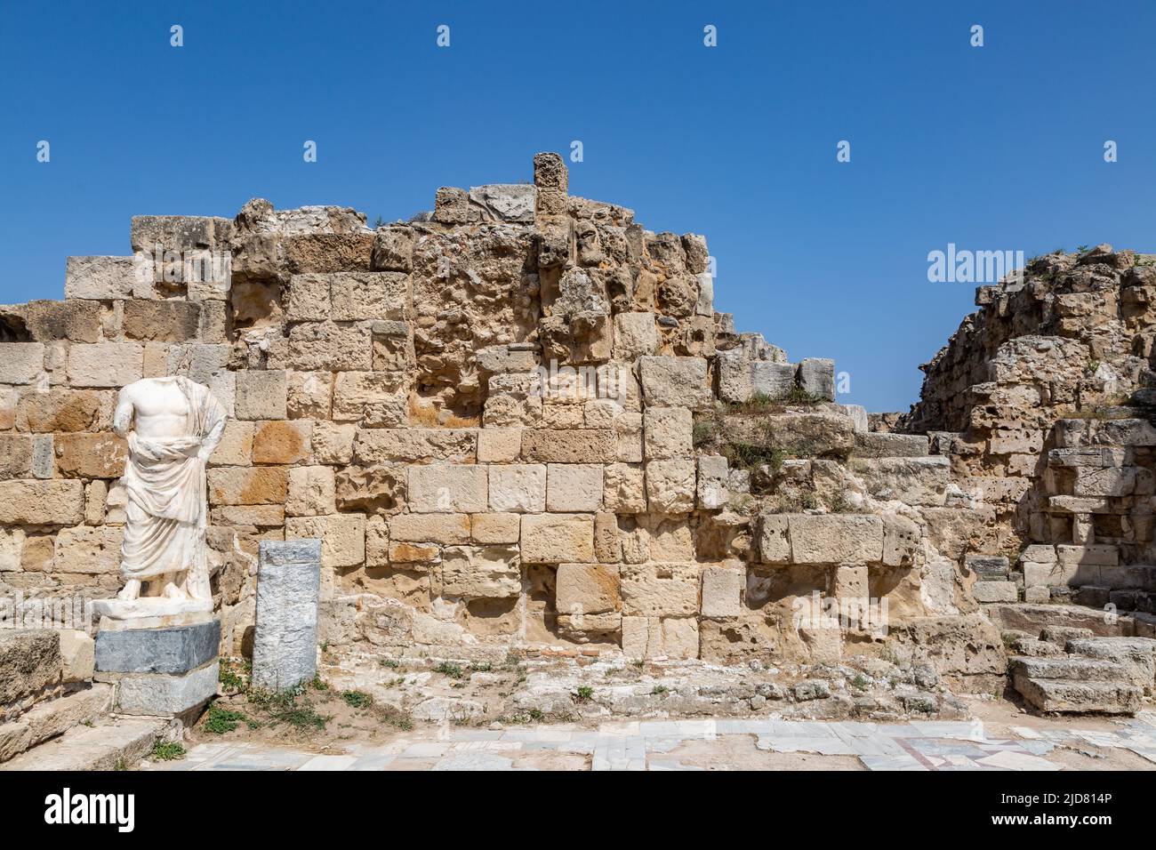 A statue at the ruins of ancient Salamis near Famagusta, on the Island ...