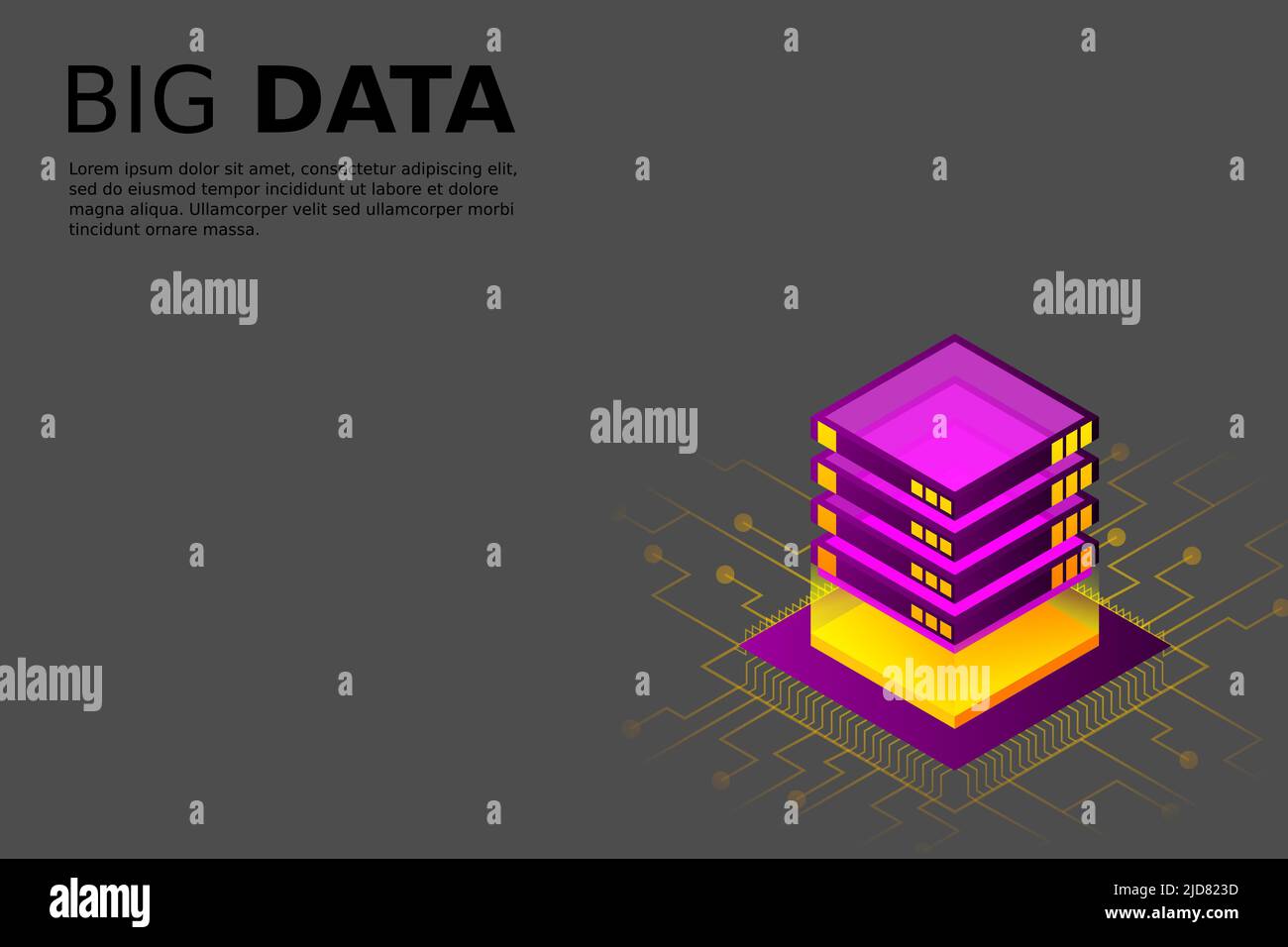 Concept of big data processing energy station of future server room rack data center isometric ...