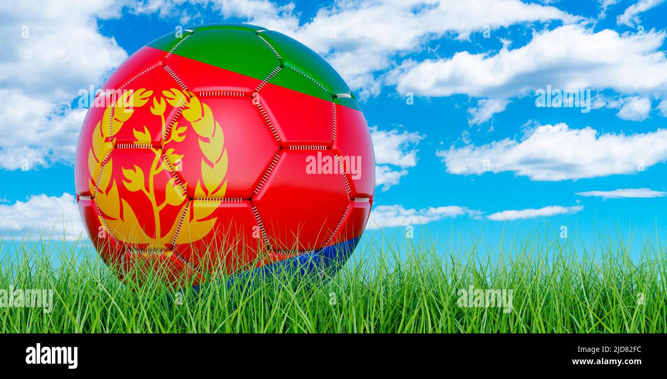Soccer ball with Eritrean flag on the green grass against blue sky, 3D ...