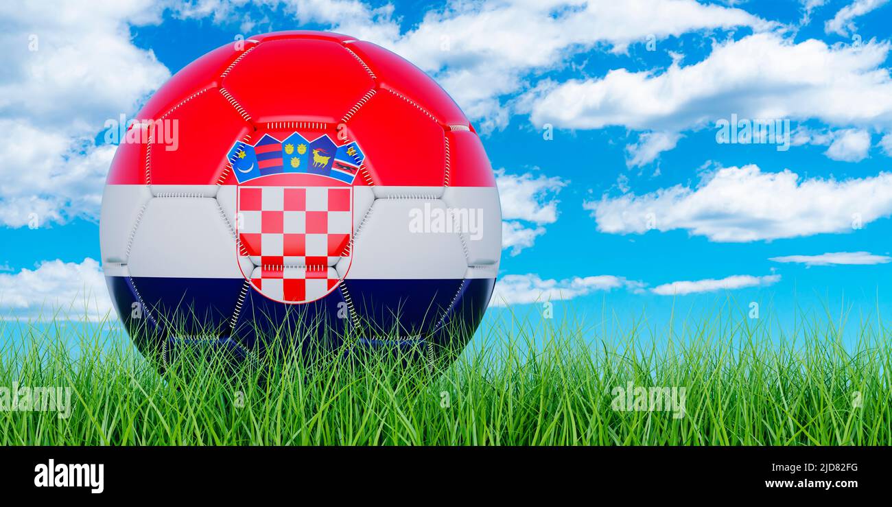 Soccer ball with Croatian flag on the green grass against blue sky, 3D ...