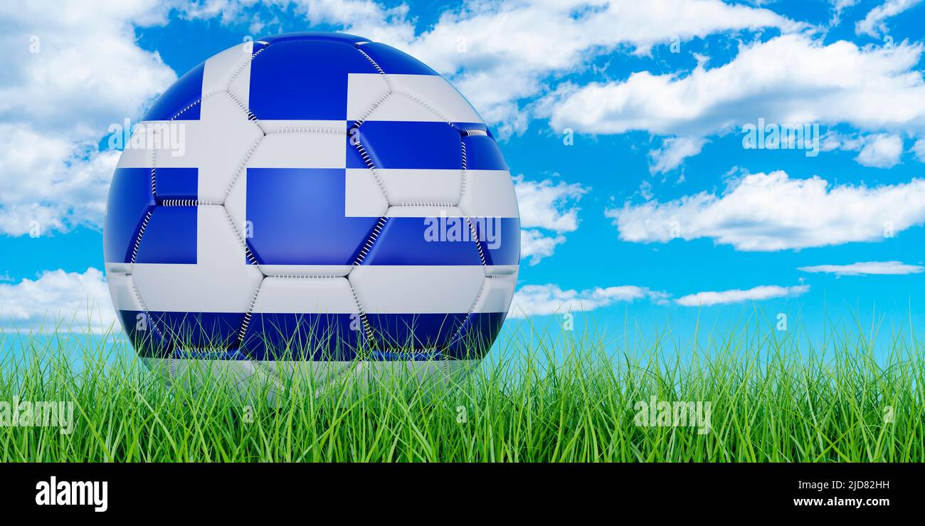 Soccer ball with Greek flag on the green grass against blue sky, 3D ...