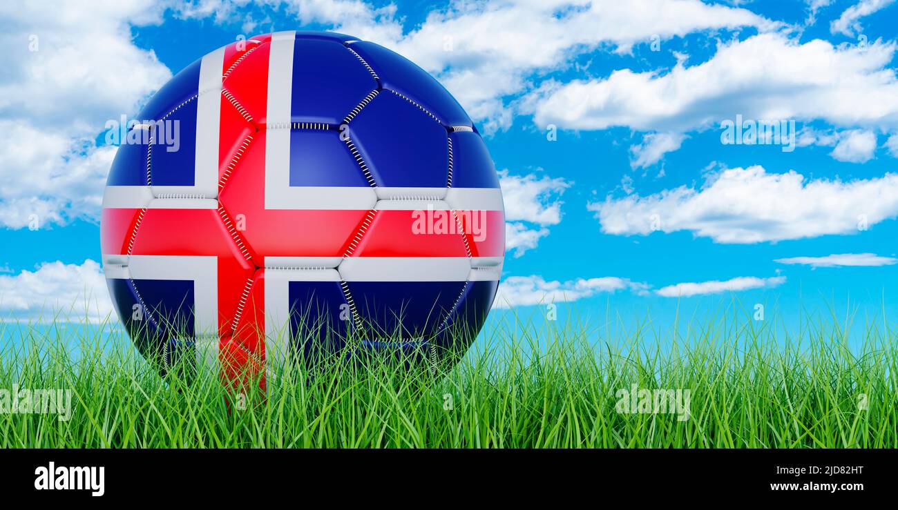 Soccer ball with Icelandic flag on the green grass against blue sky, 3D ...