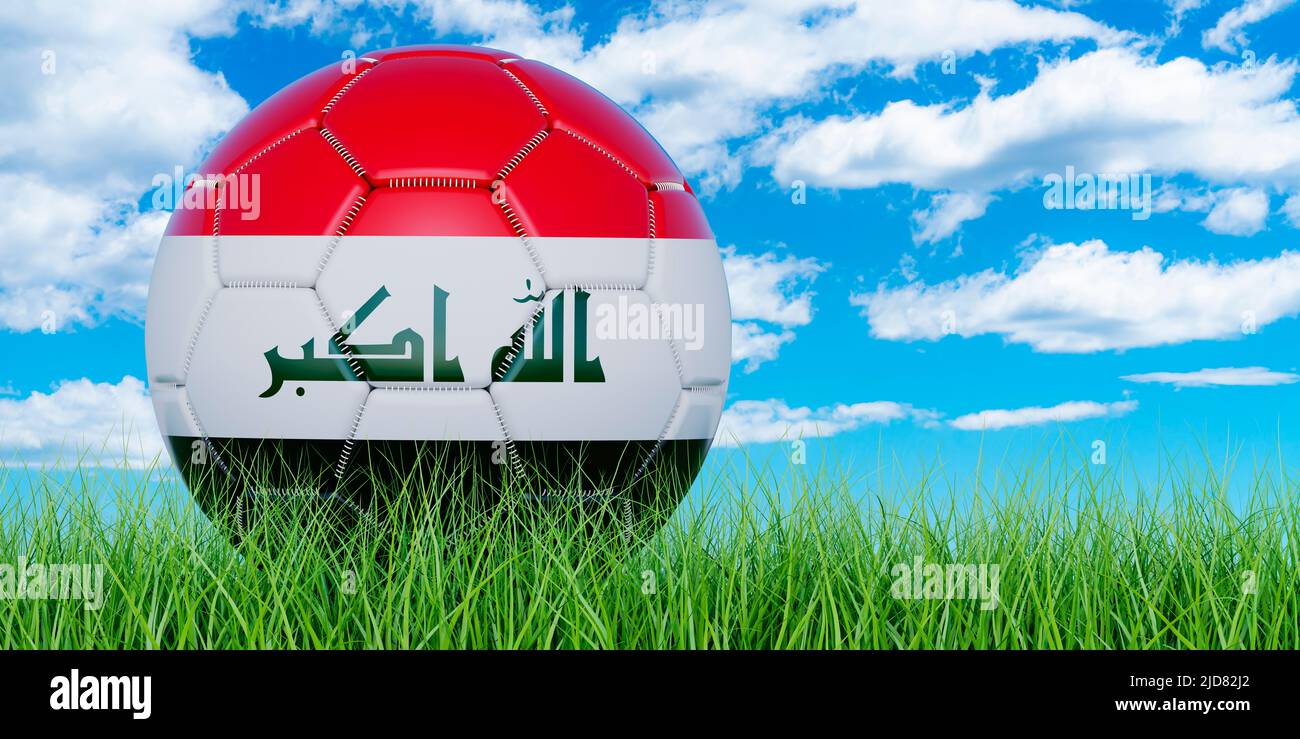 Soccer ball with Iraqi flag on the green grass against blue sky, 3D ...