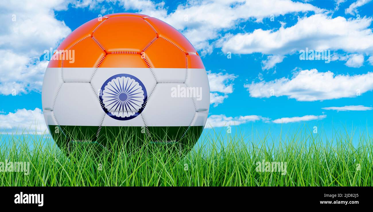 Soccer ball with Indian flag on the green grass against blue sky, 3D ...