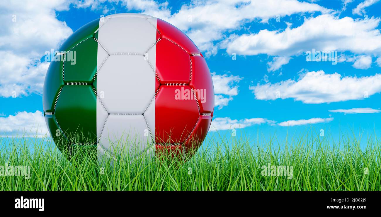 Soccer ball with Italian flag on the green grass against blue sky, 3D ...