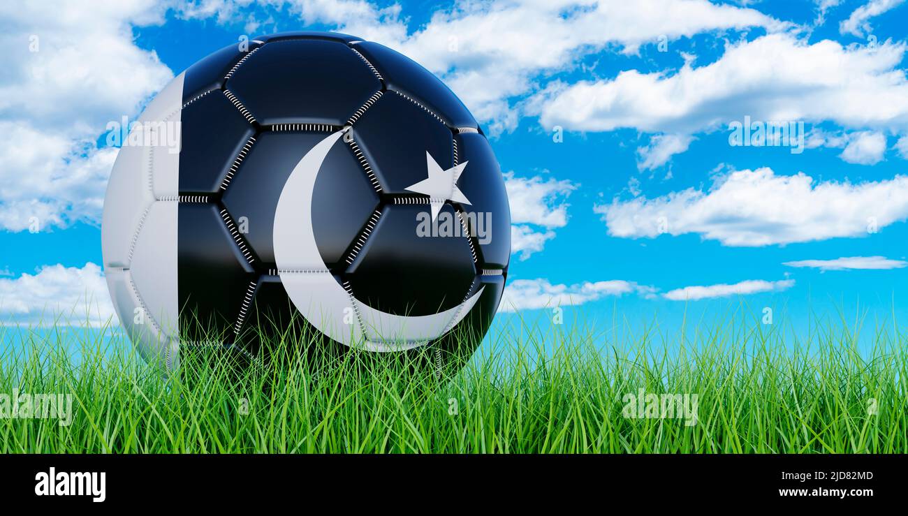 Soccer ball with Pakistani flag on the green grass against blue sky, 3D ...