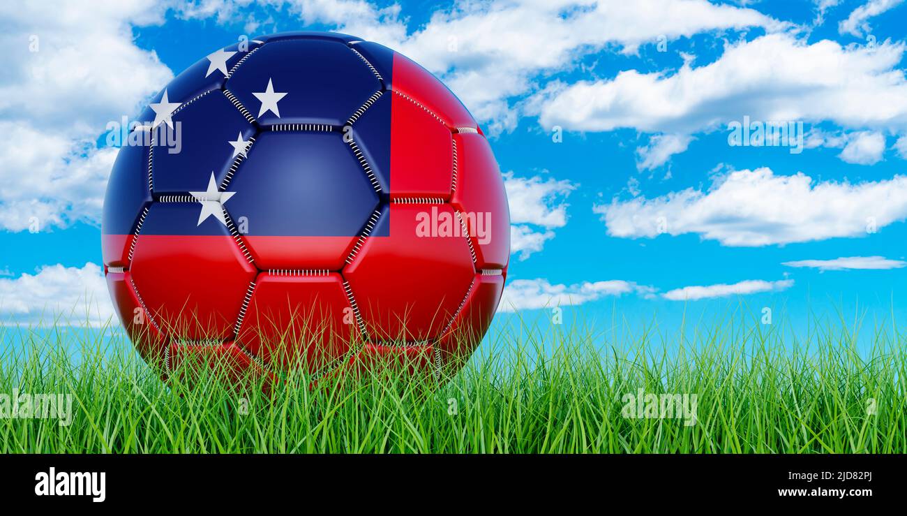 Soccer ball with Samoan flag on the green grass against blue sky, 3D ...