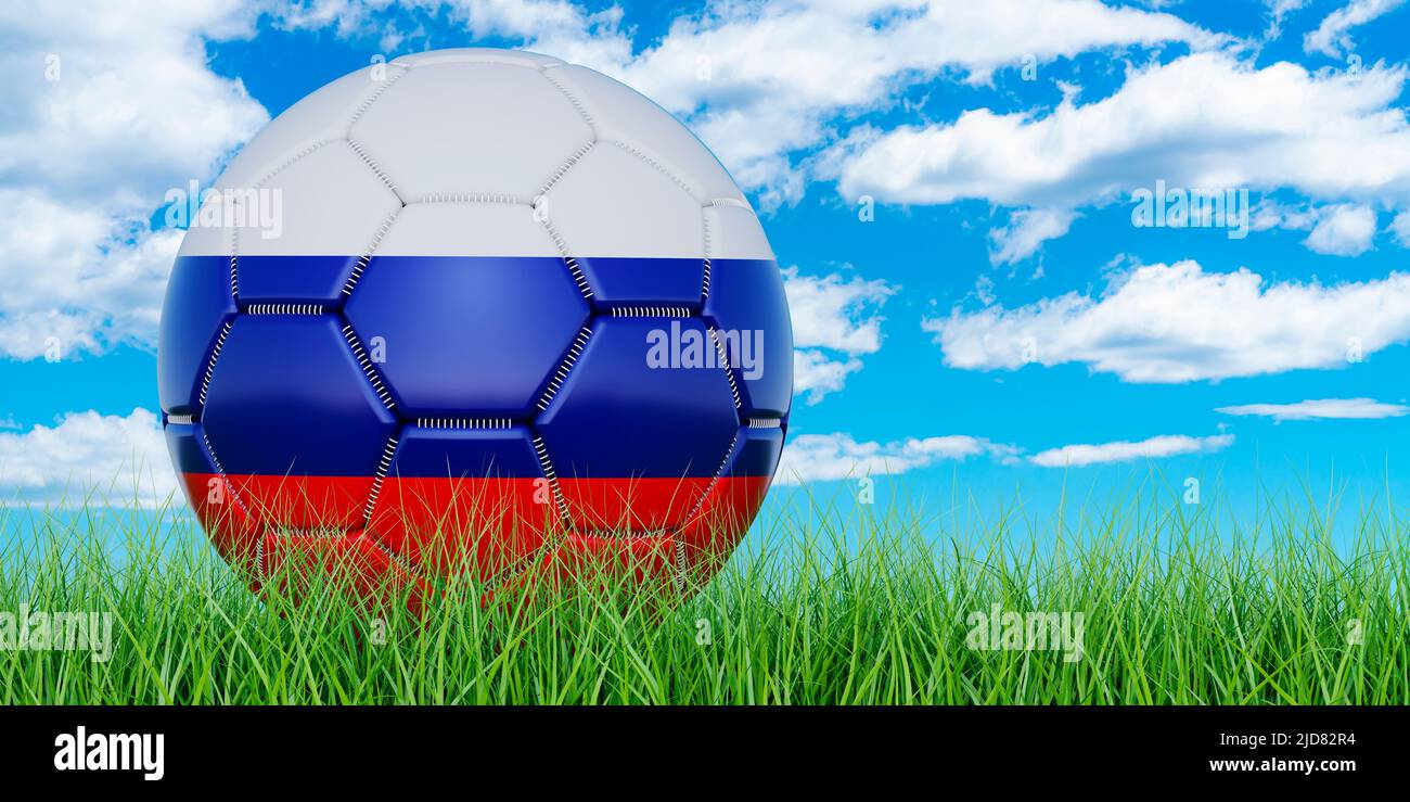 Soccer ball with Russian flag on the green grass against blue sky, 3D ...